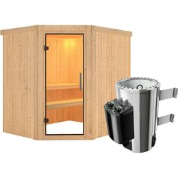 Karibu Sauna Lilja, 3,6 kW Ofen, Plug&Play int. Steuerung, Ganzglast&uuml;r,Klarglas,ohne Dachkranz