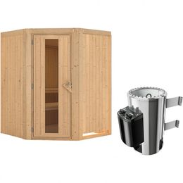 Karibu Sauna Nanja, 3,6 kW Ofen, Plug&Play int. Steuerung, Holzt&uuml;r mit Isolierglas,Klarglas,ohne Dachkranz