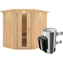 Karibu Sauna Lilja, 3,6 kW Ofen, Plug&Play int. Steuerung, Holzt&uuml;r mit Isolierglas,Klarglas,mit Dachkranz
