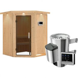 Karibu Sauna Nanja, Easy Finnisch 3,6 kW Ofen, Ganzglast&uuml;r,graphit,mit Dachkranz