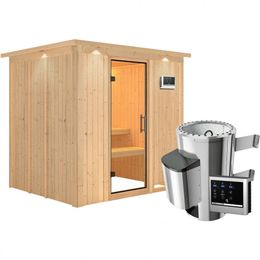 Karibu Sauna Daria, Easy Finnisch 3,6 kW Ofen, Ganzglast&uuml;r,Klarglas,mit Dachkranz