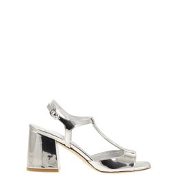 Stuart Weitzman Sandalen - Flareblock - Mirrored Leather T-Sandal - Gr. 37 (EU) - in Silber - f&uuml;r Damen