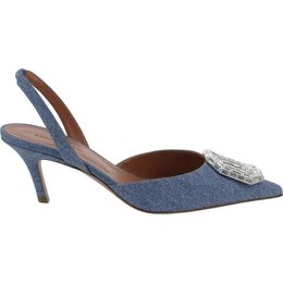 Amina Muaddi Hohe Schuhe - Amina Muaddi Camelia Sling 60 Printed Denim Pumps - Gr. 36,5 (EU) - in Blau - f&uuml;r Damen