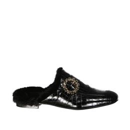 eleventy Slipper & Pantoletten - Croc-Embossed Leather Mules With Plush Fur Lining - Gr. 37 (EU) - in Schwarz - f&uuml;r Damen