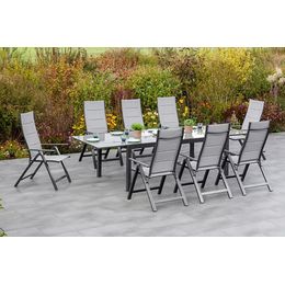 Garten-Essgruppe Merxx, B:63cm H:118cm T:73cm, grau, Aluminium, Polyester, Sitzm&ouml;bel-Sets, "Florenz", 8 Klappsessel, ausziehbarem Tisch