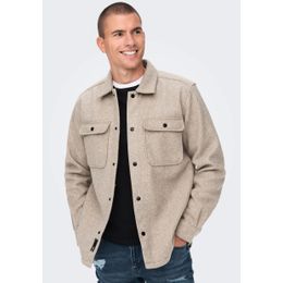 Only & Sons Langarmhemd ONLY & SONS "ONSASH OVR WOOLEN LOOK PKT LS SHIRT NOOS", Herren, Gr. S, N-Gr, grau (chinchilla), Web, Obermaterial: 100% Polyester, meliert, regular fit normal, 1-Knopf-Manschette, Hemden, Kunstfaser, regular fit