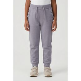 Sweathose name it "NMFVIMA SWE PANT BRU NOOS", M&auml;dchen, Gr. 110, N-Gr, lavender gray, Sweatware, Obermaterial: 60% Baumwolle, 40% Polyester, unifarben, Basic normal, Hosen Sweathose, mit s&uuml;&szlig;em R&uuml;schendetail