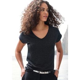 Lascana Kurzarmshirt 'mit silberfarbenem Glitzereffekt' schwarz Gr. 36/38 f&uuml;r Damen. V-Ausschnitt und Glitzerdetails. Bequem. Nachhaltig.
