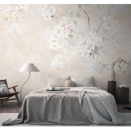 Livingwalls Fototapete LIVING WALLS "THE WALL III florale Tapete Motivtapete Blumen Blumen", beige (beige,creme,grau), B:2,8m H:0,02m L:3,71m, Vlies, Tapeten, Vliestapete Betonwand f&uuml;r Schlafzimmer K&uuml;che Wohnzimmer Floral Design