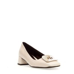 Tory Burch Hohe Schuhe - Pump Cream Leather Silver Logo Buckle Heel 40 - Gr. 6 - in Beige - f&uuml;r Damen