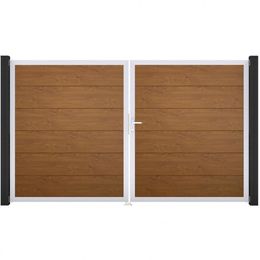 GroJa Doppeltor BasicLine PVC-Steckzaun Golden Oak , DIN Rechts, Silber EV1