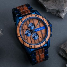 Einzigartige Herrenuhr, Chronograph mit blauem Edelstahl und exotischem Zebranoholz