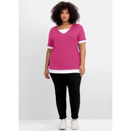 sheego Gro&szlig;e Gr&ouml;&szlig;en 2-in-1-Shirt mit V-Ausschnitt, fuchsia-wei&szlig;, Gr&ouml;&szlig;e 48/50 - Damen