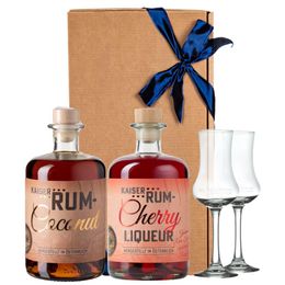 Fein-Brennerei Prinz Prinz Geschenk-Set Rum Coconut Lik&ouml;r mit Inl&auml;nderrum & Rum Cherry Lik&ouml;r mit Inl&auml;nderrum + 2 x Kelch-Glas (40 % vol. 1 Liter)