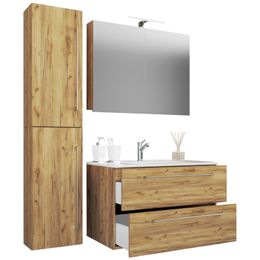 Vcm 4-tlg. Waschplatz Waschtisch Waschbecken Unterschrank Breite 60 cm Badm&ouml;bel Set mit Schubladen Dreht&uuml;ren Spiegelschrank Badinos