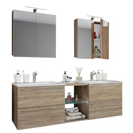 Vcm 3-tlg. Set 2 Waschtisch, 2 Spiegelschrank, 2 Waschbecken, 1 Mittelfach Keramik Waschbecken Unterschrank 155 cm Badm&ouml;bel Set Doppel Waschplatz - Badinos XXL