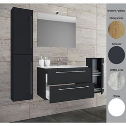 Vcm 5-tlg. Set 1 Waschtisch mit zwei Schubladen, 1 Spiegel, 1 Waschbecken, 1 Midischrank, 1 Hochschrank Keramik Waschbecken h&auml;ngend Unterschrank 60 cm Badm&ouml;bel Set Waschplatz &ndash; Badinos