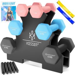 Kesser&reg; Hantel-Set, 3 Paar, 1kg - 5kg, 12kg oder 18kg kurzhanteln mit St&auml;nder Aufbewahrung, Fitnessstudio, Krafttraining, Hantelset rutschfeste Neopren, Mit &Uuml;bungsheft, 2x Fitnessb&auml;nder