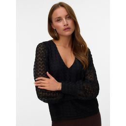 V&eacute;ro Moda VERO MODA Damen Langarmshirt "VMBECCA LS V-NECK LACE TOP JRS NOOS", schwarz, Gr. XS, unifarben, Jersey, Obermaterial: 100% Polyester, Shirts