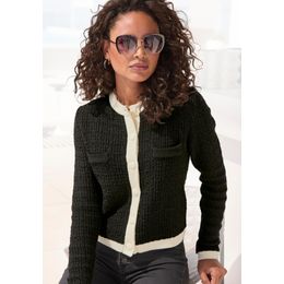 Lascana Damen Strickjacke, beige, Gr. 32, unifarben mit Farbeinsatz, Strick, Obermaterial: 37% Polyester, 36% Polyacryl, 22% Baumwolle, 5% Elasthan,
