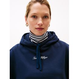 Tommy Hilfiger Damen Kapuzensweatshirt "CLASSIC SCRIPT FLEECE HOODIE"schwarz night navy, Gr. L, unifarben, Sweatware, Obermaterial: 77% Baumwolle,