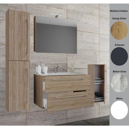 Vcm 5-tlg. Set 1 Waschtisch mit zwei Schubladen, 1 Spiegelschrank, 1 Waschbecken, 1 Midischrank, 1 Hochschrank Keramik Waschbecken h&auml;ngend Unterschrank 60 cm Badm&ouml;bel Set Waschplatz &ndash; Badinos