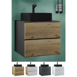 Vcm 2-tlg. Waschplatz Waschtisch schwarzes Waschbecken Unterschrank Breite 60 cm Badm&ouml;bel Set mit Schubladen Lendas S BL