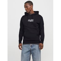 Jack & Jones Kapuzensweatshirt JACK & JONES "JJECORP GRAPHIC SWEAT HOOD NOOS", Herren, Gr. L, schwarz (schwarz detail:01), angeraute Sweatware, Obermaterial: 70% Baumwolle, 30% Polyester, bedruckt, relaxed fit taillenbedeckt, ohne Ausschnitt, Rippb&uuml;ndchen, Sweatshirts, mit Logo Print