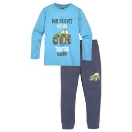 Shirt & Hose Kidsworld "2tlg. Set Langarmshirt + Hose", Jungen, Gr. 116/122, blau (t&uuml;rkis marine), Interlock, Obermaterial: 100% Baumwolle. Obermaterial Hose: 100% Baumwolle, bedruckt, KOB Set-Artikel, MIR REICHTS, ICH GEH TRAKTOR FAHREN