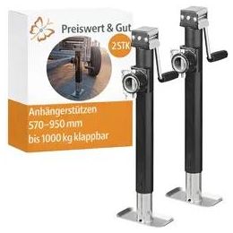 Pro Plus Preiswert&Gut 2x Anh&auml;ngerst&uuml;tzen H&ouml;he 570&ndash;950 mm bis 1000 kg &ndash; Ausdrehst&uuml;tze verzinkt, klappbare Kurbelst&uuml;tze f&uuml;r Wohnmobil inkl. Flansch, Handkurbel & Sicherungsbolzen