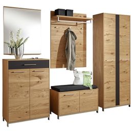 Garderobe, Anthrazit, Eiche, Holz, Glas, Textil, 6-teilig, Eiche, Balkeneiche, furniert, teilmassiv, 250x195x40 cm, Goldenes M, Made in Germany, DGM-Klimapakt, Garderobe, Garderoben-Sets & Serien, Garderoben-Sets