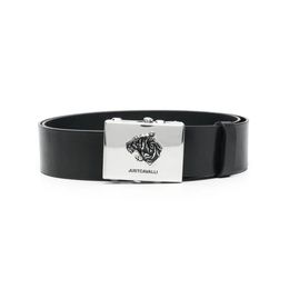 Just Cavalli G&uuml;rtel - Calfskin Leather Belt With Distinctive Silver Embl - Gr. 85 - in Schwarz - f&uuml;r Damen