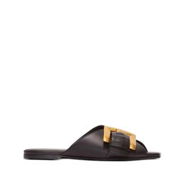 Balmain Sandalen - Black Flat Sandals With Bold Gold Buckle - Gr. 37,5 (EU) - in Schwarz - f&uuml;r Damen