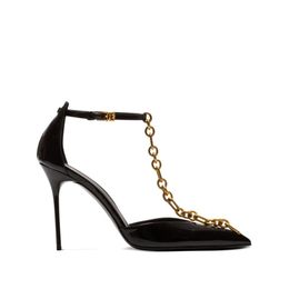 Balmain Hohe Schuhe - Glossy Pointed-Toe Pumps With Gold Chain Detailing - Gr. 37 (EU) - in Schwarz - f&uuml;r Damen
