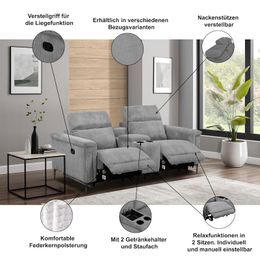 OTTO home 2-Sitzer &raquo;LUND Cord, Relaxfunktion, TV-Sessel, manuell/elektrisch (USB-A)&laquo; Kopfteilverstellung, Getr&auml;nkachhalter, u. Staufach grau Cord 