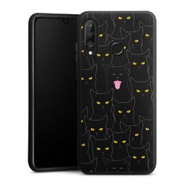 DeinDesign Huawei P30 Lite Handy Premium Silikon H&uuml;lle Handyh&uuml;lle schwarz Case Eye Muster Cat Silikon Premium Case