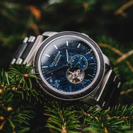 Automatik Herrenuhr Singapur in Schwarz und Silber, Blaues Marmor Ziffernblatt von Holzkern