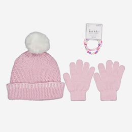 4-teiliges Set mit rosa M&uuml;tze, Armb&auml;ndern und Handschuhen