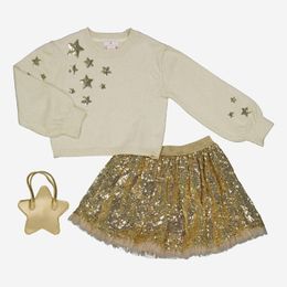3-teiliges goldfarbenes Set aus Pullover und Rock