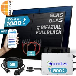 SUNNIVA&reg; 1000W Balkonkraftwerk BIFAZIAL FULLBLACK komplett Steckdose HOYMILES 800W Wechselrichter, PV Solaranlage, 2x 500W Glas Solarmodule, inkl. 5m Kabel, Bluetooth WIFI, Komplettset