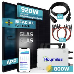 SUNNIVA&reg; 920W Balkonkraftwerk BIFAZIAL FULLBLACK komplett Steckdose HOYMILES 800W Wechselrichter, PV Solaranlage, 2x 460W Glas-Glas Solarmodule, inkl. 5m Kabel, Bluetooth WIFI, Komplettset