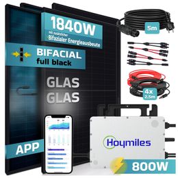 SUNNIVA&reg; 1840W Balkonkraftwerk BIFAZIAL FULLBLACK komplett Steckdose HOYMILES 800W Wechselrichter, PV Solaranlage, 4x 460W Glas-Glas Solarmodule, inkl. 5m Kabel, Bluetooth WIFI, Komplettset