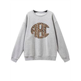GORHEY Pullover 'Wo's Pullover with Letter Leopard Print, Loose Fleece Pullover for Winter' Damen Gr&ouml;&szlig;e L grau