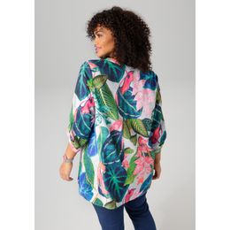 ANISTON PLUS Damen Longbluse, rosa, Gr. 48, Leinenoptik, bedruckt, Web, Obermaterial: 60% Baumwolle, 40% Viskose, Blusen, mit gro&szlig;fl&auml;chigen,