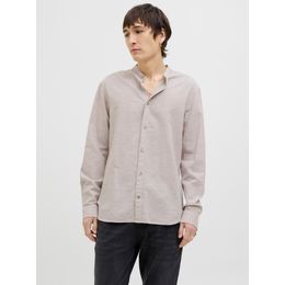 Jack & Jones Langarmhemd JACK & JONES "JJESUMMER BAND SHIRT LS SN", Herren, Gr. M, N-Gr, beige (crockery), Web, Obermaterial: 83% Baumwolle, 17% Leinen, unifarben, comfort fit taillenbedeckt, ohne Ausschnitt, Manschette, Hemden, mit Bandkragen