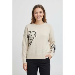 Rundhalspullover Only CARMAKOMA "CARPETRA LS FLOWER EMB O-NECK CC KNT", Damen, Gr. XL, birch detail:schwarz, Strick, Obermaterial: 50% Baumwolle, 50% Polyacryl, unifarben mit Farbeinsatz, normal, Rundhals, Rippstrickb&uuml;ndchen, Pullover Rundhalspullover