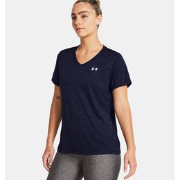 Trainingsshirt Under Armour "TECH SSV- TWIST", Damen, Gr. L, midnight navy,, wei&szlig;, Obermaterial: 100% Polyester, normal, V-Ausschnitt, Shirts, Kurzarm, atmungsaktiv, schnell trocknend, mit V-Ausschnitt