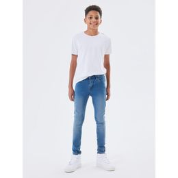 Slim-fit-Jeans name it "NKMSILAS XSLIM JEANS 2002-TX NOOS", Jungen, Gr. 110, N-Gr, blau (medium blau), Denim/Jeans, Obermaterial: 72% Baumwolle, 26% Polyester, 2% Elasthan, Abriebeffekte, unifarben, slim fit lang, Jeans Slim-fit-Jeans, slim fit, Denim, Abriebeffekte, angesetztes B&uuml;ndchen