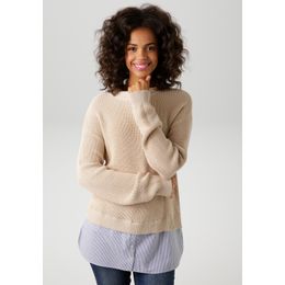Strickpullover Aniston CASUAL, Damen, Gr. 42, blau (sand, marine, wei&szlig;), Strick, Obermaterial: 50% Baumwolle, 50% Polyacryl. Unteres Obermaterial: 100% Baumwolle, gestreift, unifarben, l&auml;ssig geschnitten Po-bedeckend, Rundhals, Strickb&uuml;ndchen, Pullover Strickpullover, mit gestreiftem Bluseneinsatz am Saum