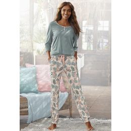 Lascana Pyjama mehrfarbig Gr. 40/42 f&uuml;r Damen. Rundhals und Print. Basic. Nachhaltig.